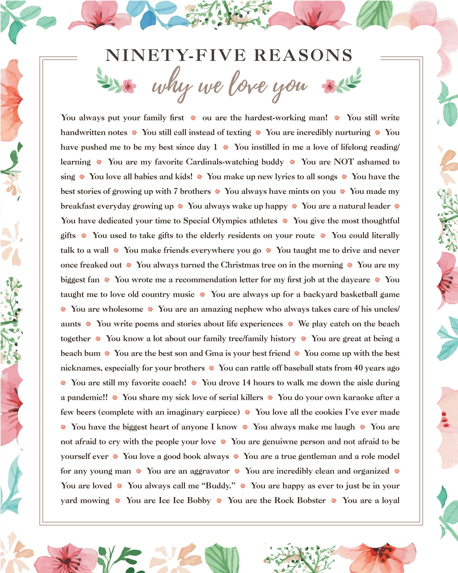 95 REASONS We Love You 95 Things We Love About You | Etsy