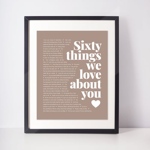 60 Reasons Why We Love You Poster Frame Personalized 60th - Etsy