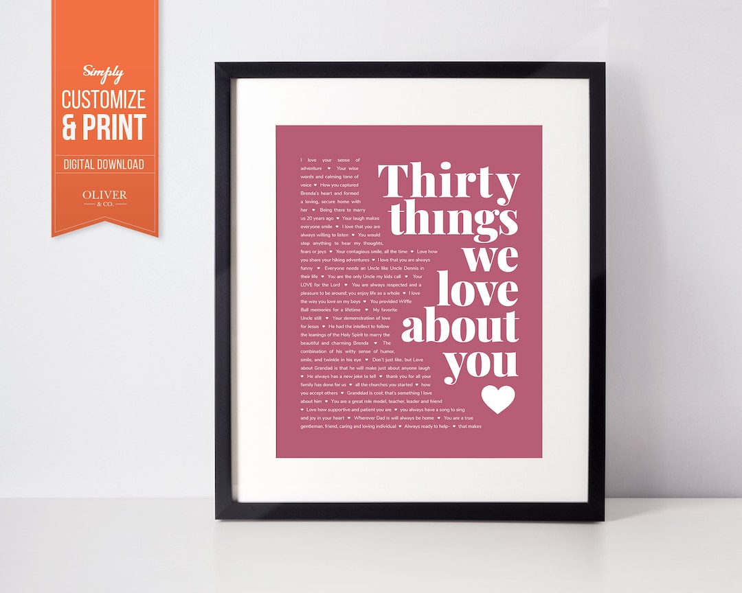 30 Things We Love About You Custom Digital Poster. Special Birthday ...