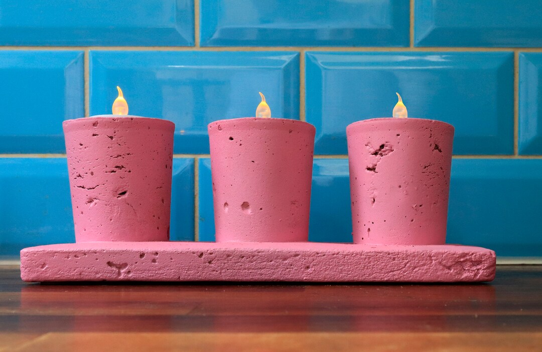 Pastel Pink Colour Concrete Cast Slab With Three Tealight Holder Pots ...