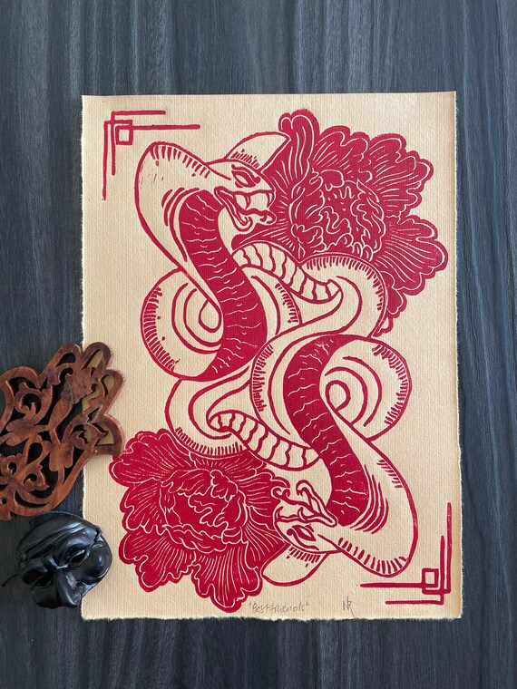 Linocut bestfriends Snakes / Hand-engraved Art - Etsy
