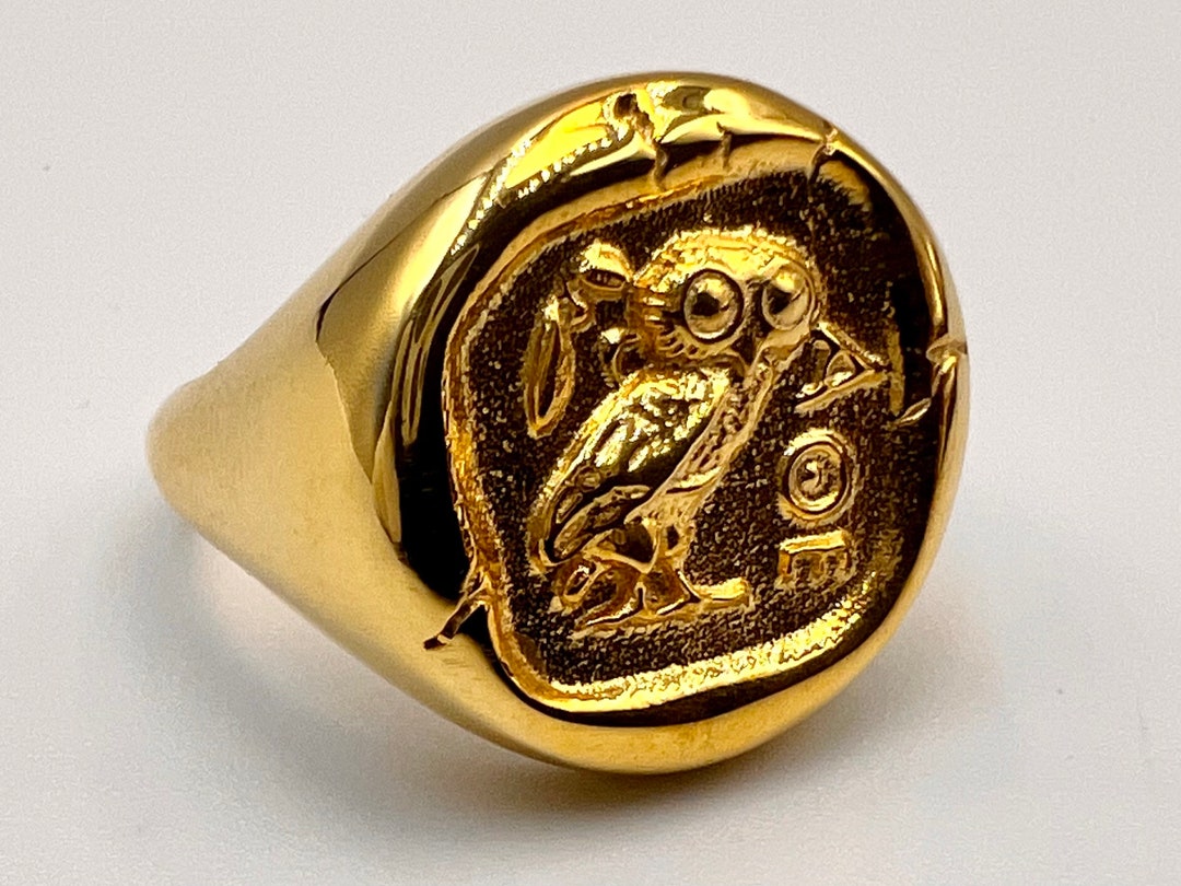 Owl of Athena Nike Goddess Minerva Ancient Coin Copy Signet Ring Gold ...