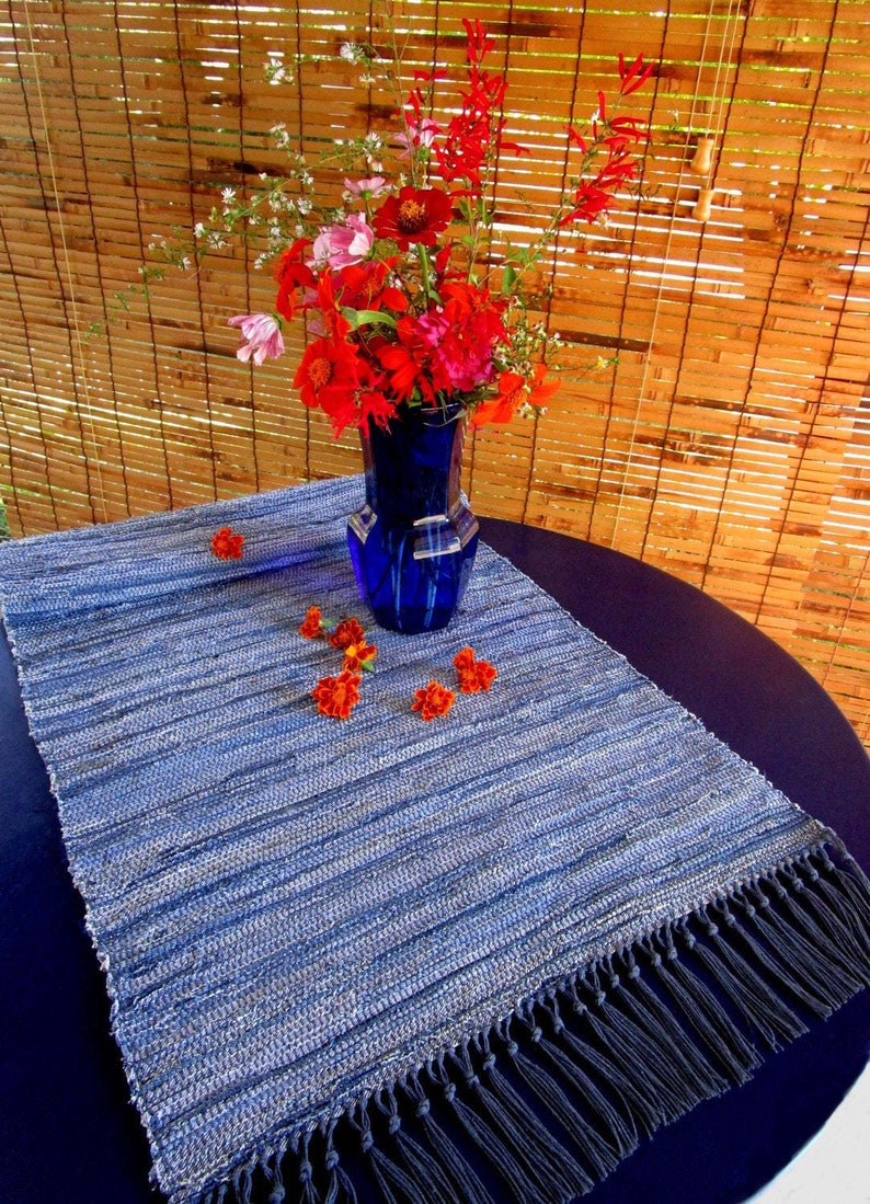 Handwoven Rug, Denim Blues, Cloth Strip, Using Traditional Rag Weaving ...