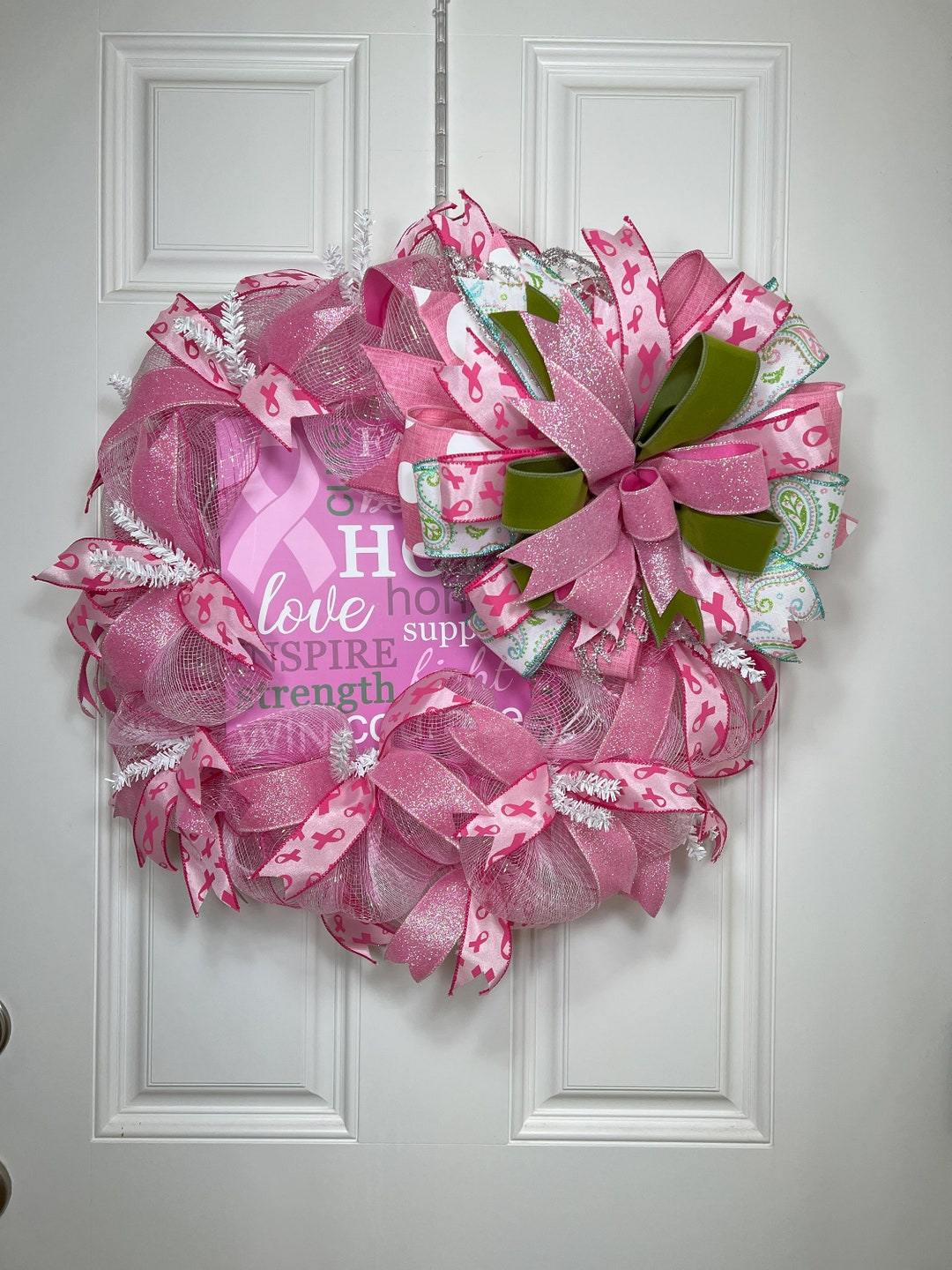 Front Door Deco Mesh Breast Cancer Awareness Wreath. Support All Year ...