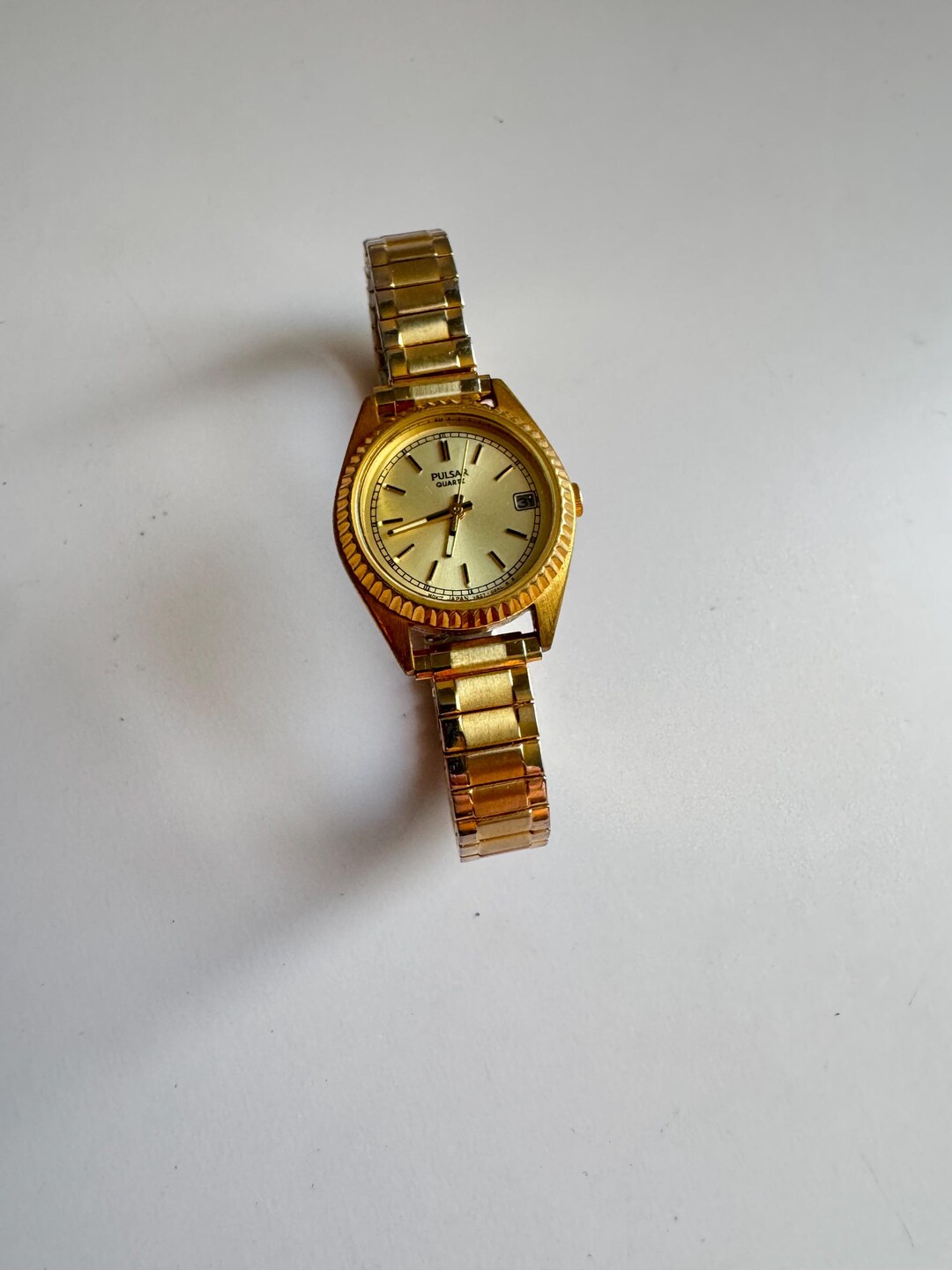 Vintage Gold Pulsar Watch: Fluted Bezel, Two-tone Stretch Band, Working ...