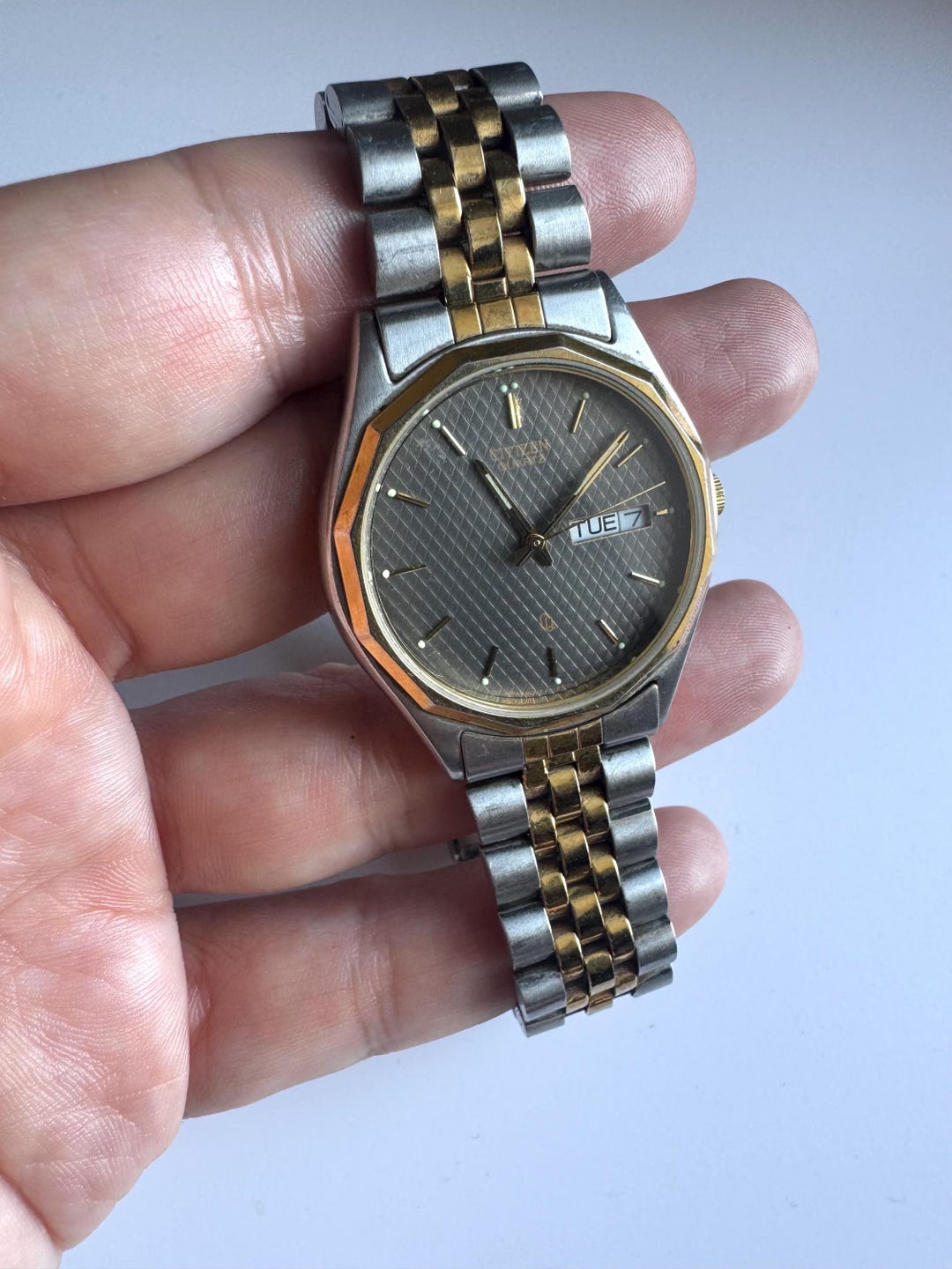 Vintage Citizen Quartz Day-date Watch: Two-tone Band, Gray Dial Fits 7. ...