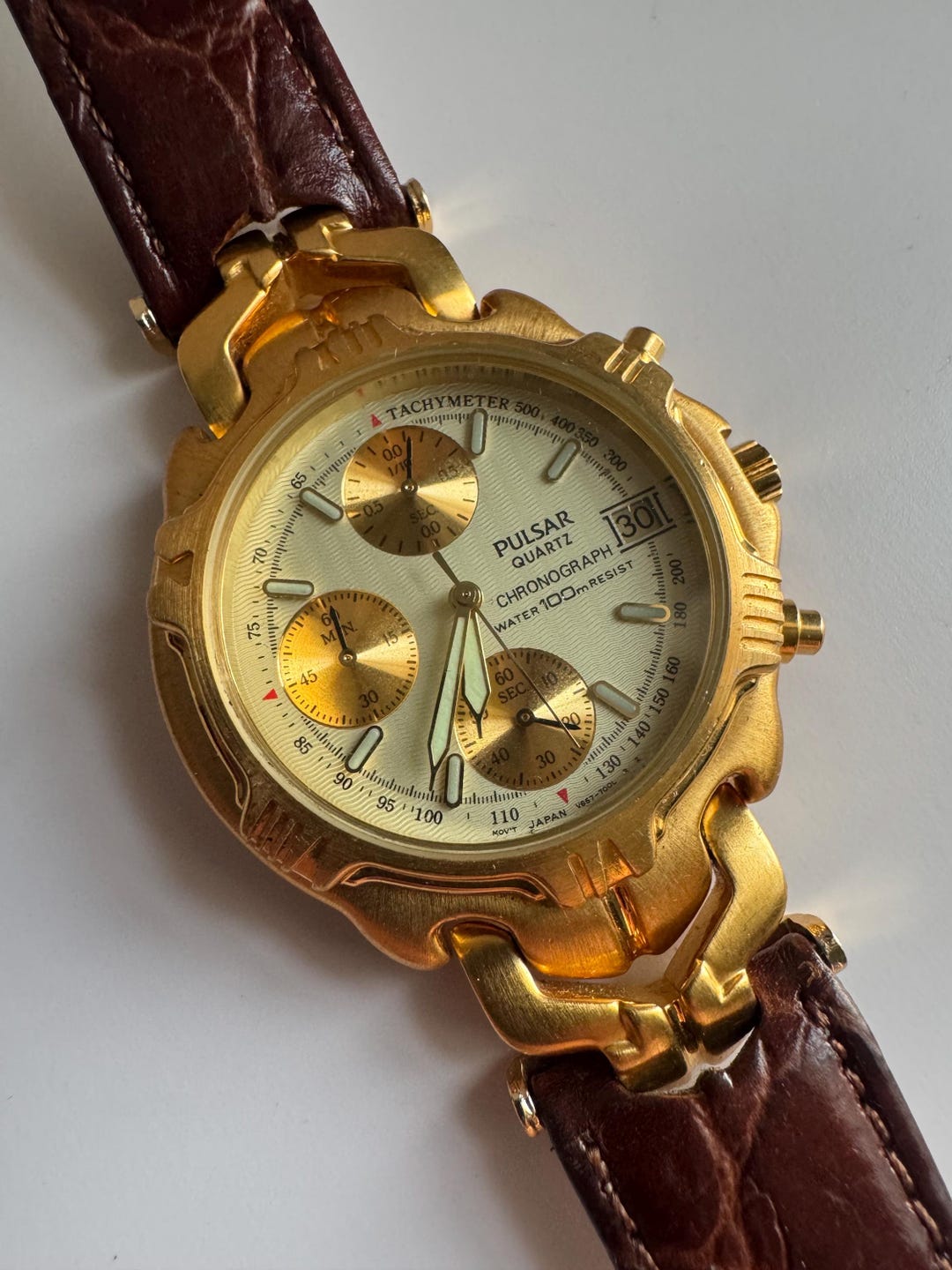 Vintage Pulsar Seiko Quartz Chronograph Watch With Brown Leather Band ...