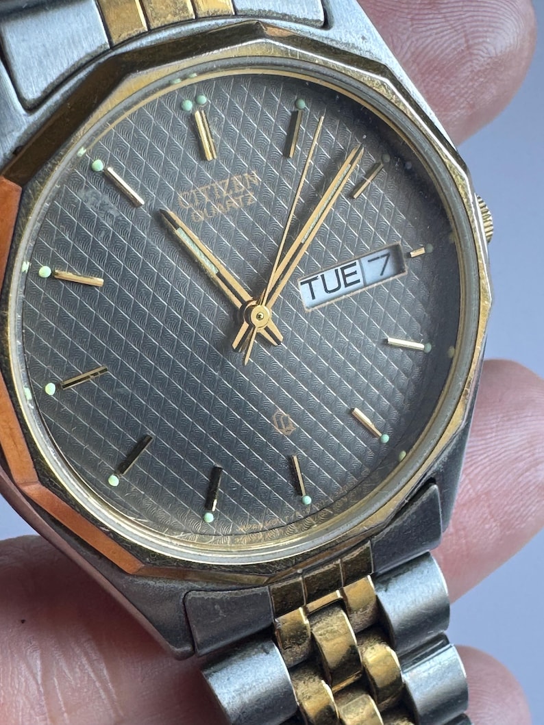 Vintage Citizen Quartz Day-date Watch: Two-tone Band, Gray Dial Fits 7. ...
