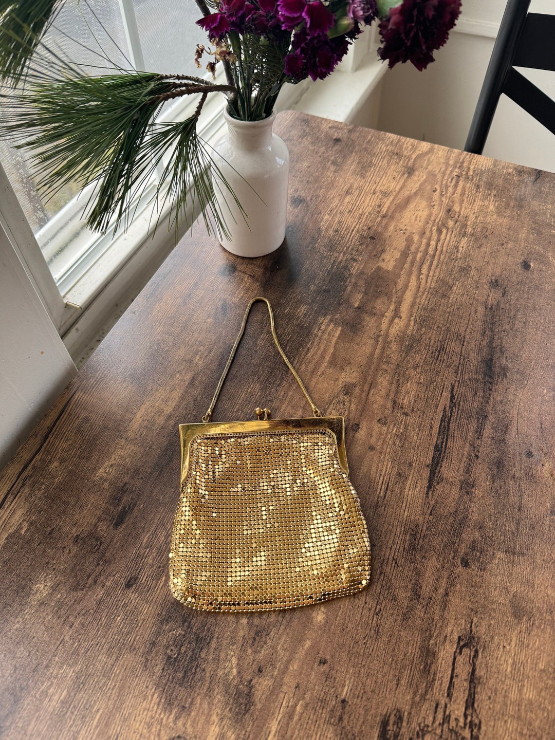 Vintage Gold Mesh Handbag With Snake Chain Handle - Elegant Holiday ...