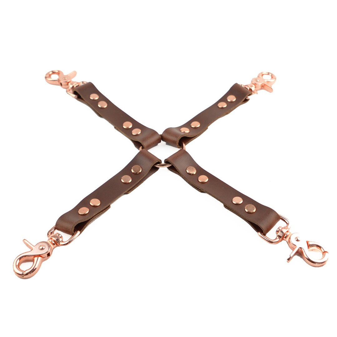 Brown & Rose Gold Leather Cross Connector Wrist and Ankle Bondage ...