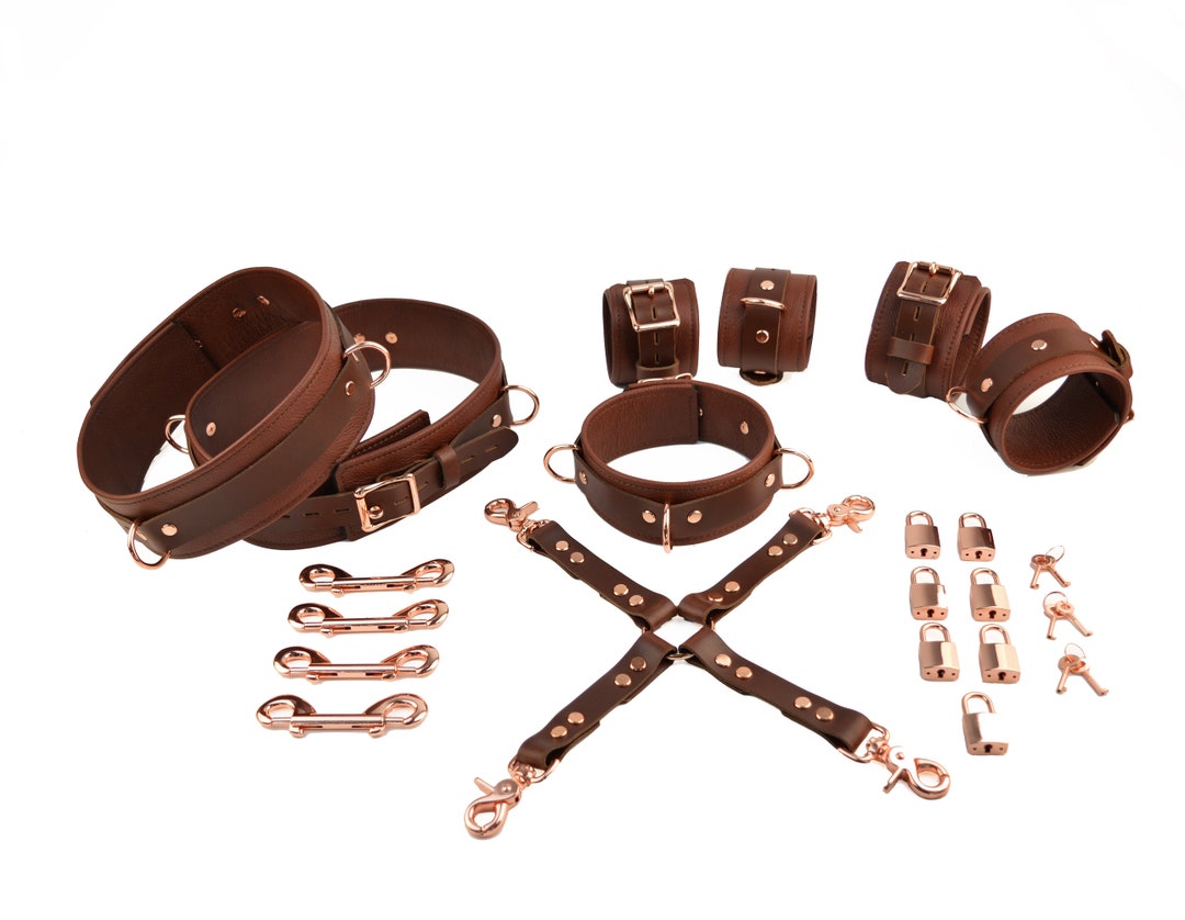 Brown Leather & Rose Gold Bondage Restraint Set | Collar, Wrist/ankle ...