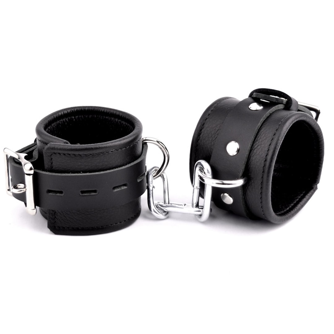 Leather Handcuffs Hand Cuffs Black Premium Quality With Steel Chain ...