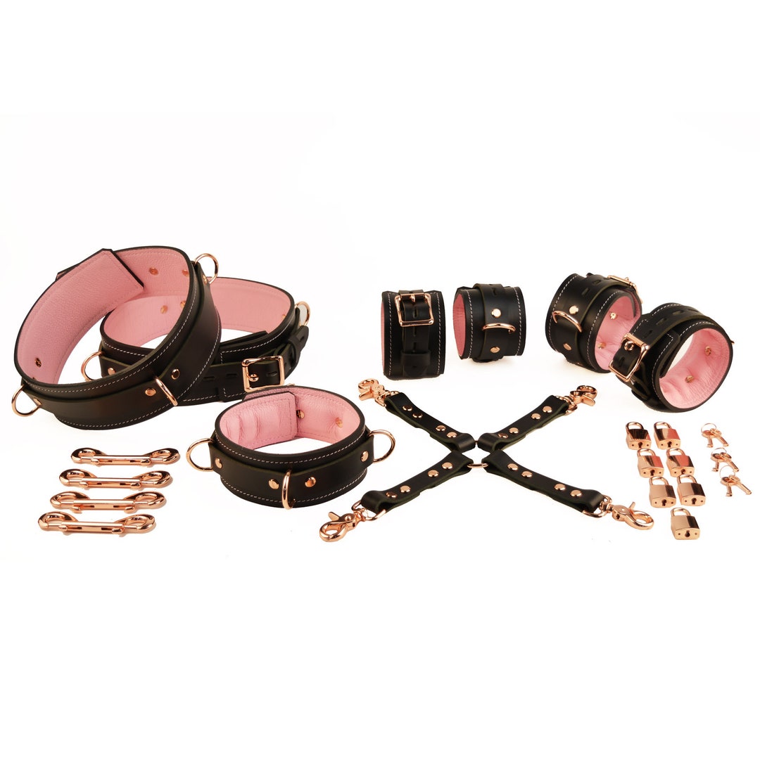 Black and Blush Pink Leather With Rose Gold Bondage Restraint Set ...