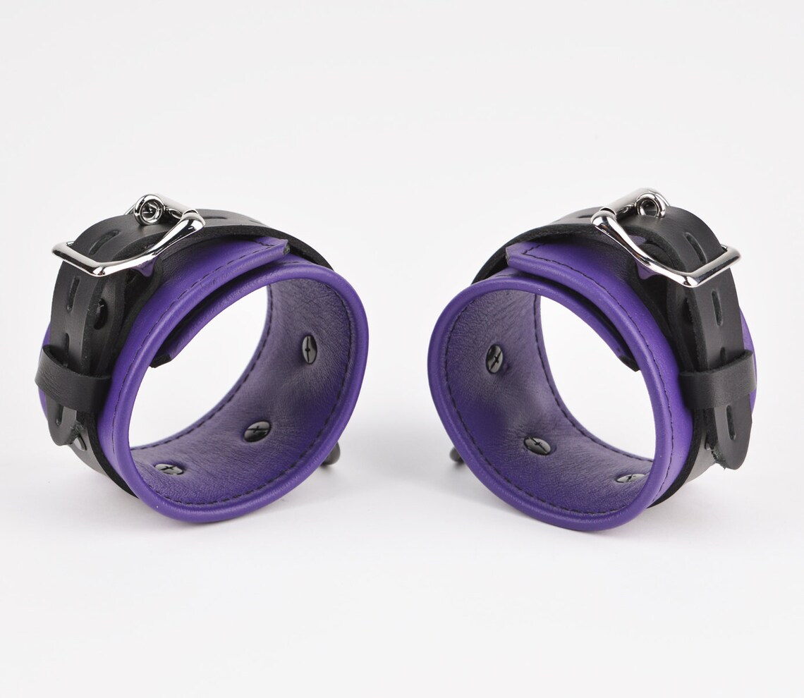 ANKLE CUFFS PREMIUM Handcrafted Leather Purple and Black Heavy - Etsy