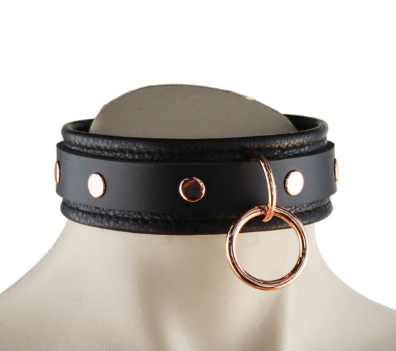 Black Leather Amare Day Collar With Large Rose Gold O-Ring, 57% OFF