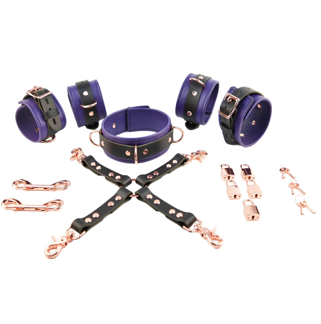 Purple Leather With Rose Gold Bondage Restraint Set | Collar, Wrist ...