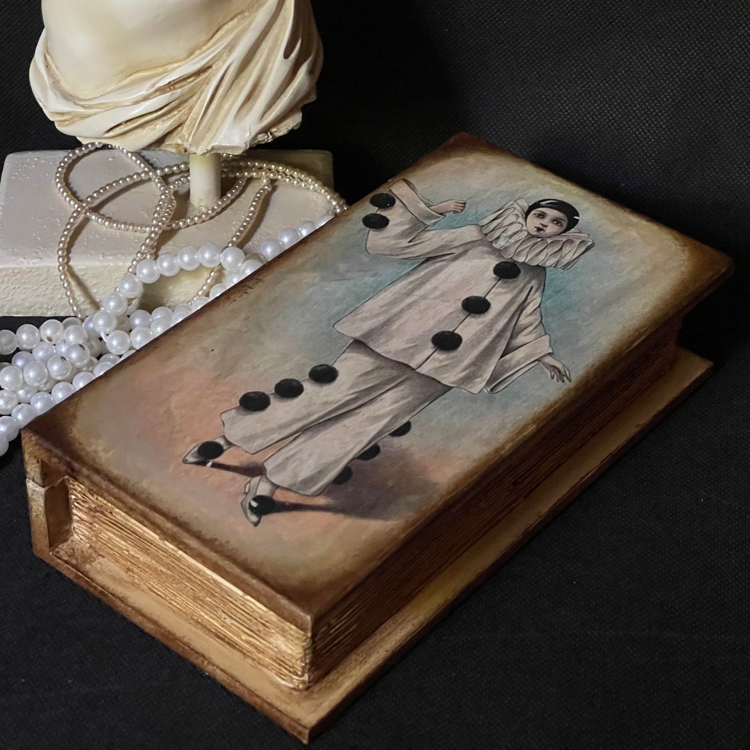 Pierrot Clown Jewelry Box Wooden Storage Book Box Book Shaped Jewelry ...