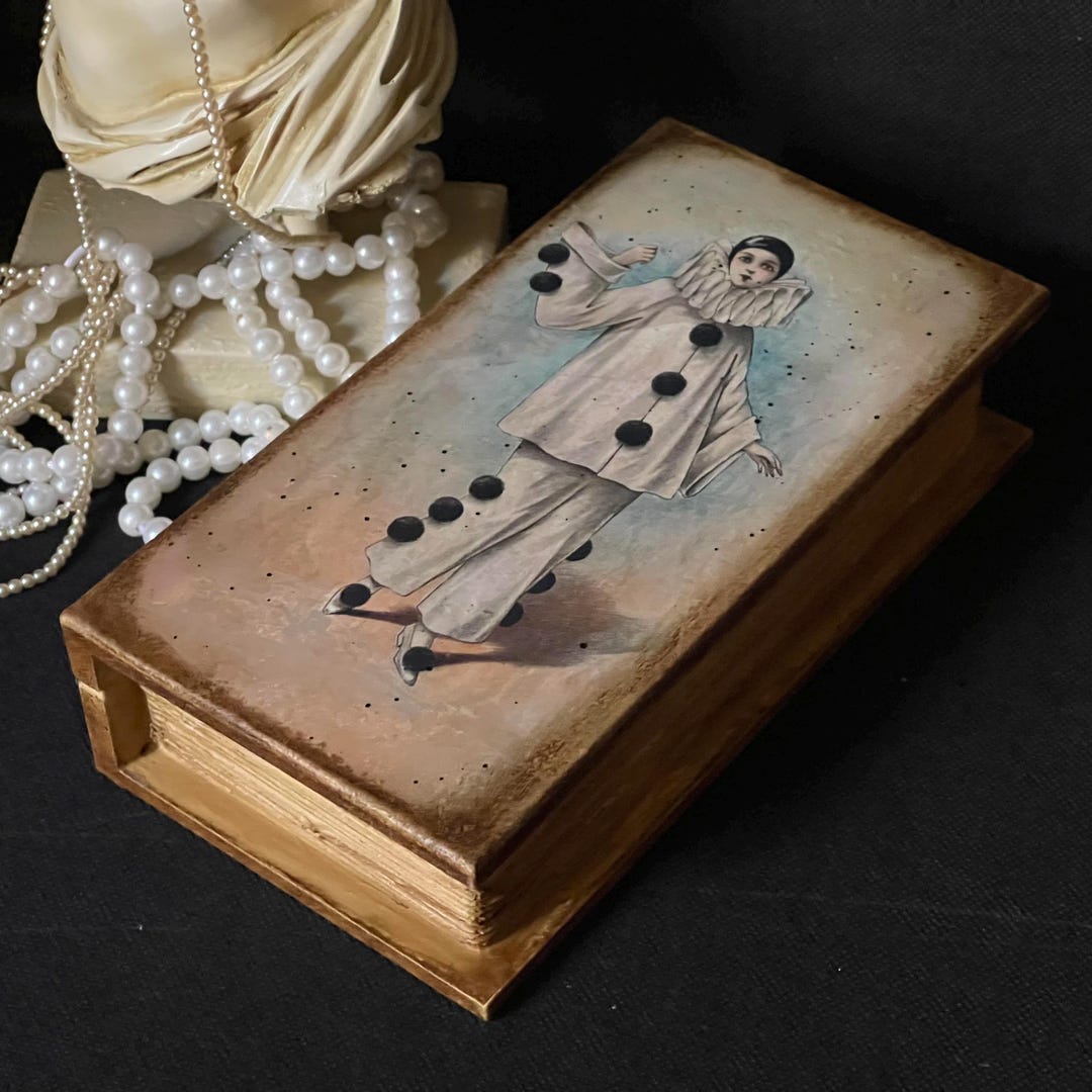 Pierrot Clown Jewelry Box Wooden Storage Book Box Book Shaped Jewelry ...