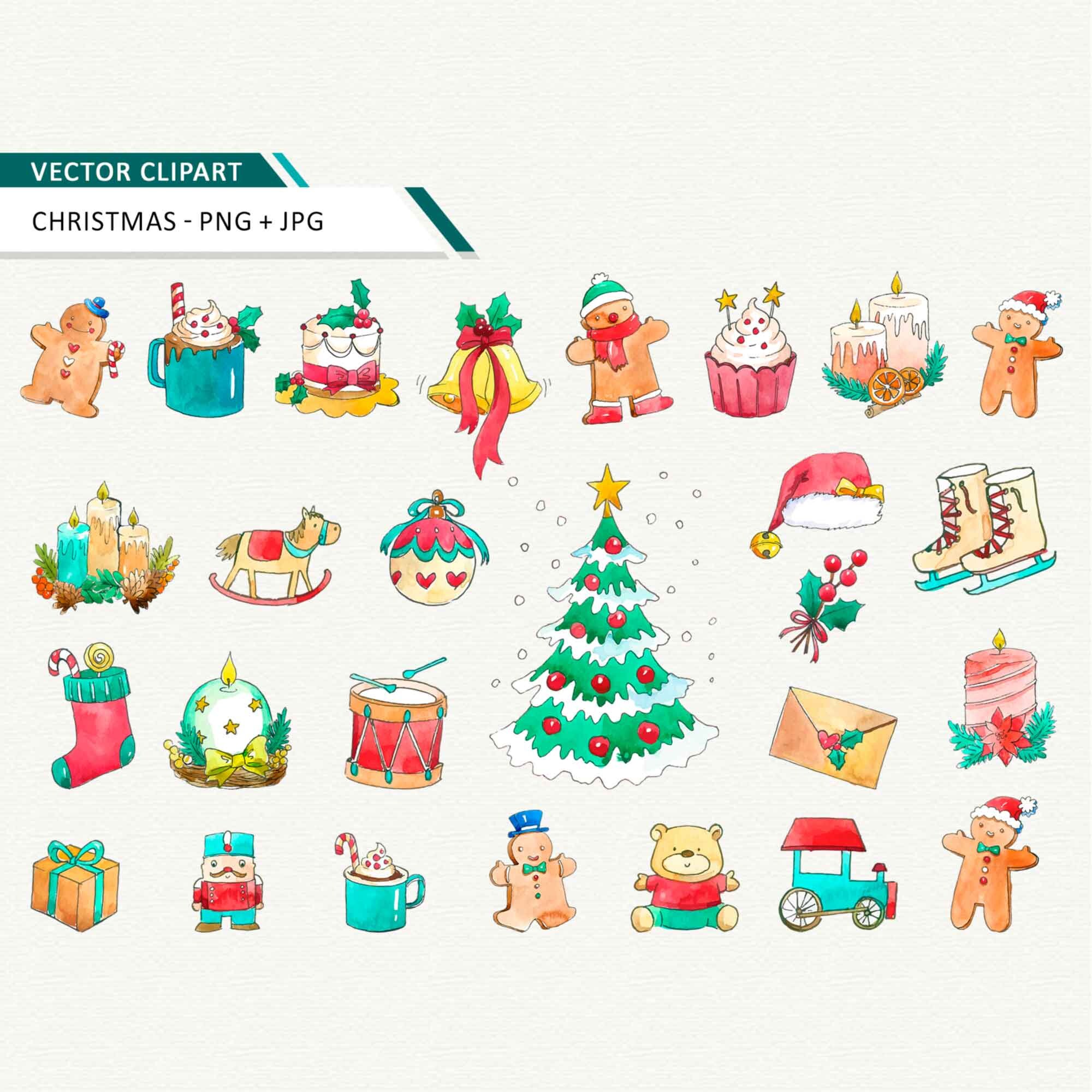 Watercolor Christmas Clipart Winter Vector Holiday Clip Art Printable ...