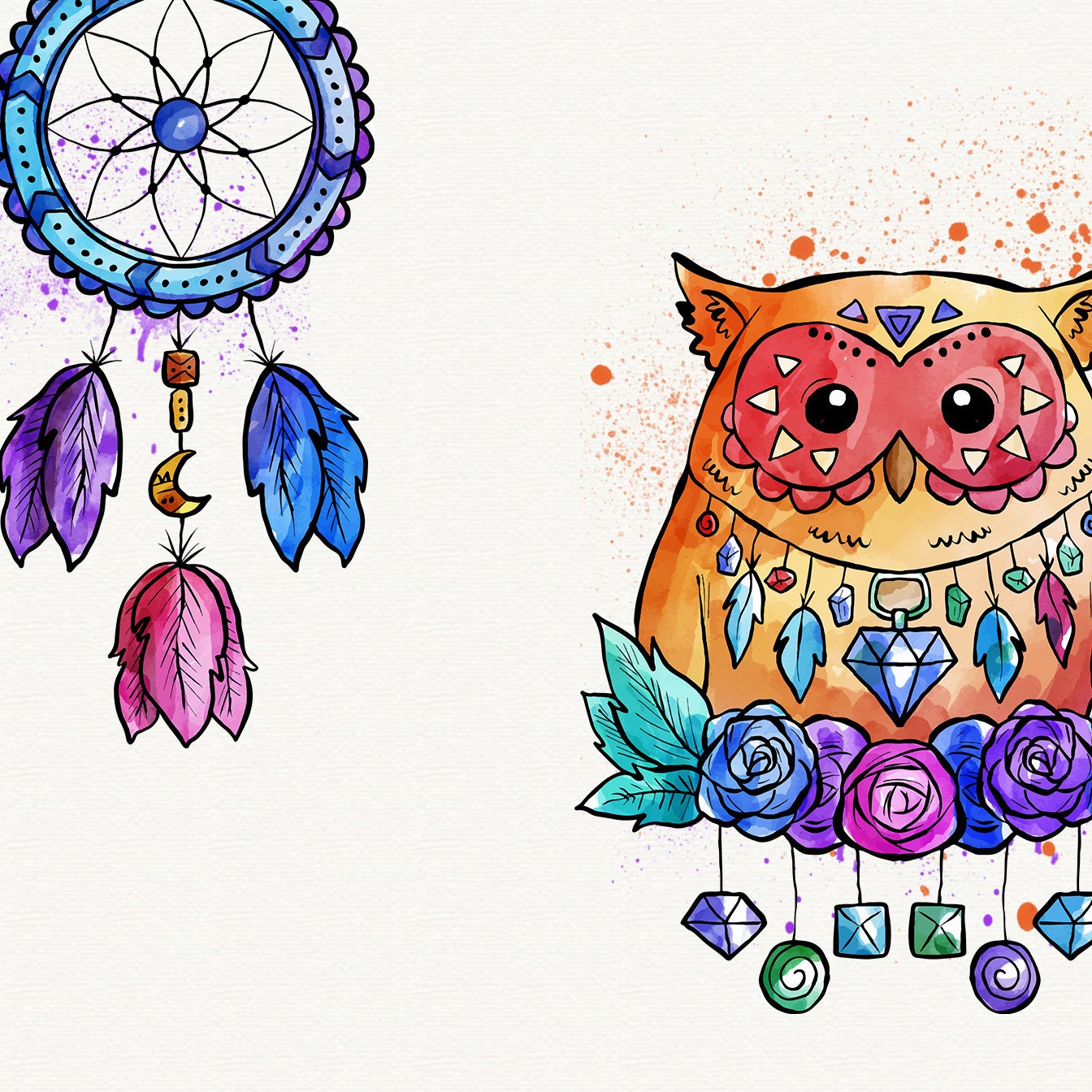 Watercolor Dream Catcher Clipart Tribal Clip Art Boho Instant Download ...