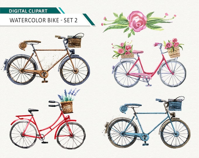 Watercolor Floral Bicycle Clipart Bundle - 10 High Quality JPG ...