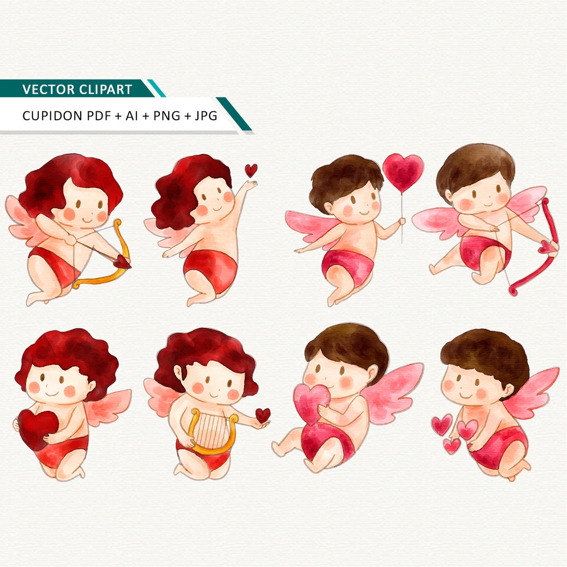 Watercolor Cupid Vector Clipart Valentines Clip Art Watercolor - Etsy