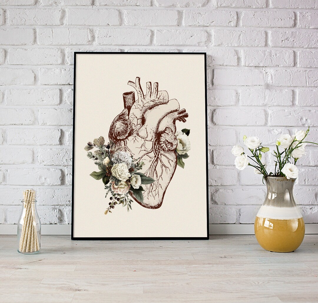 Vintage Heart With Flowers Digital Poster, Anatomic Poster Printable ...