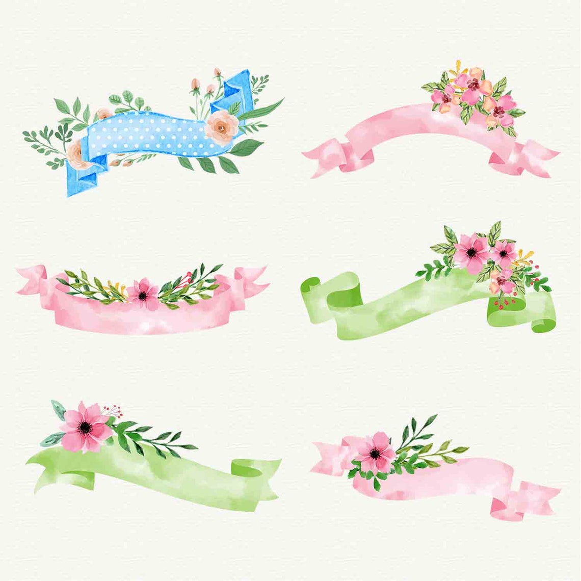 Floral Banners Clipart Ribbon Watercolor Clip Art Wedding Clip - Etsy
