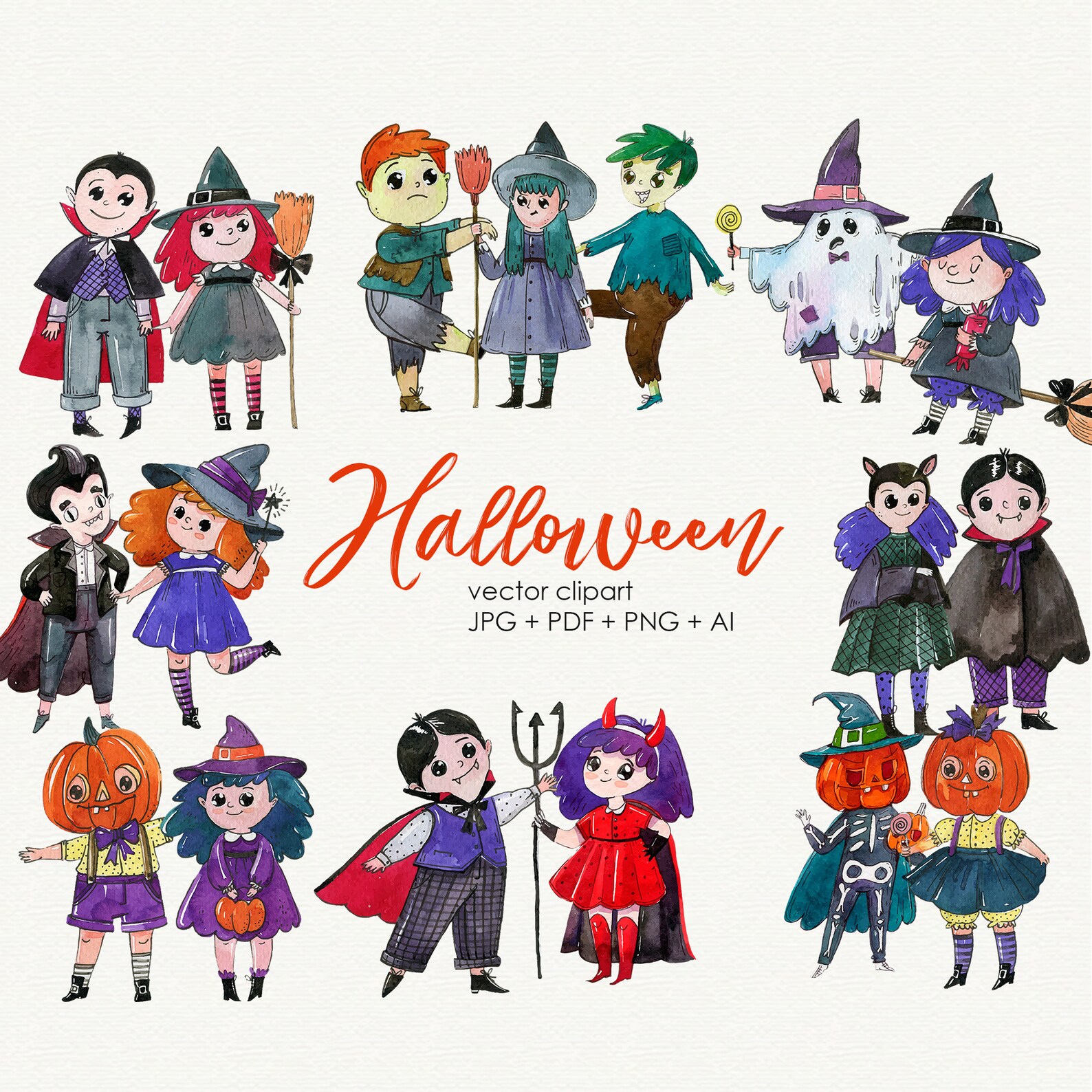 Halloween Clipart watercolor halloween kids Party clip art | Etsy