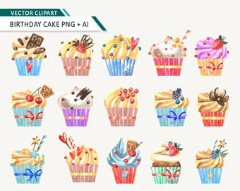 Watercolor Birthday Cake Clipart Cupcake Vector Clip Art | Etsy