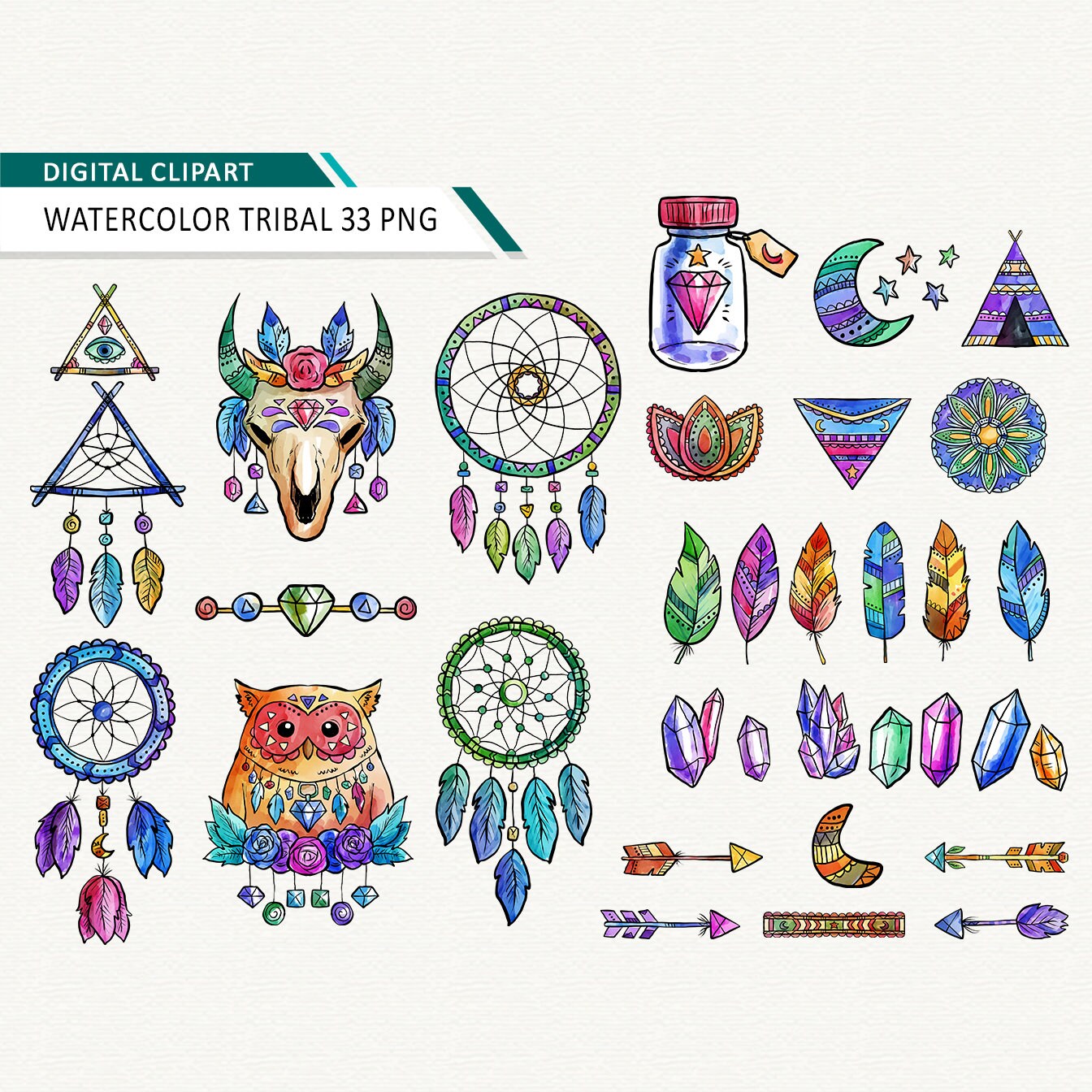Watercolor Dream Catcher Clipart Tribal Clip Art Boho Instant Download ...