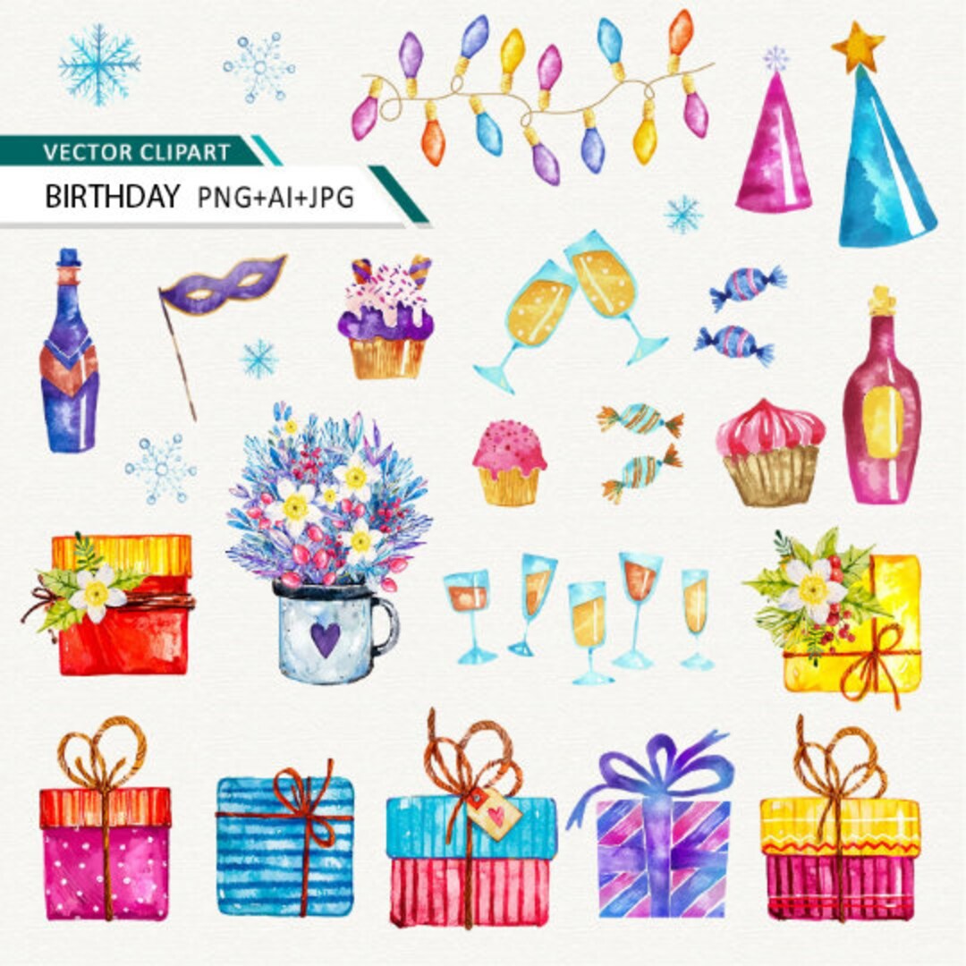 Birthday Clipart Watercolor Celebrate Clip Art Party Printable - Etsy