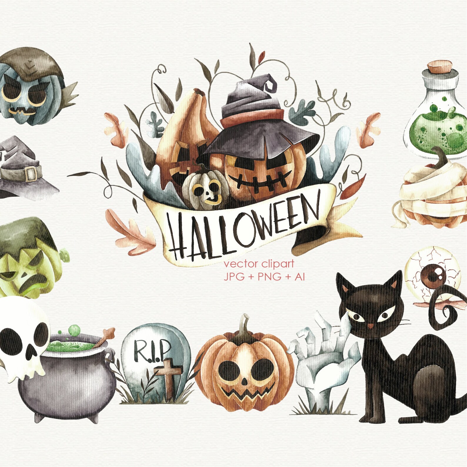 Watercolor Halloween Vector Clipart Happy Halloween Clip Art - Etsy