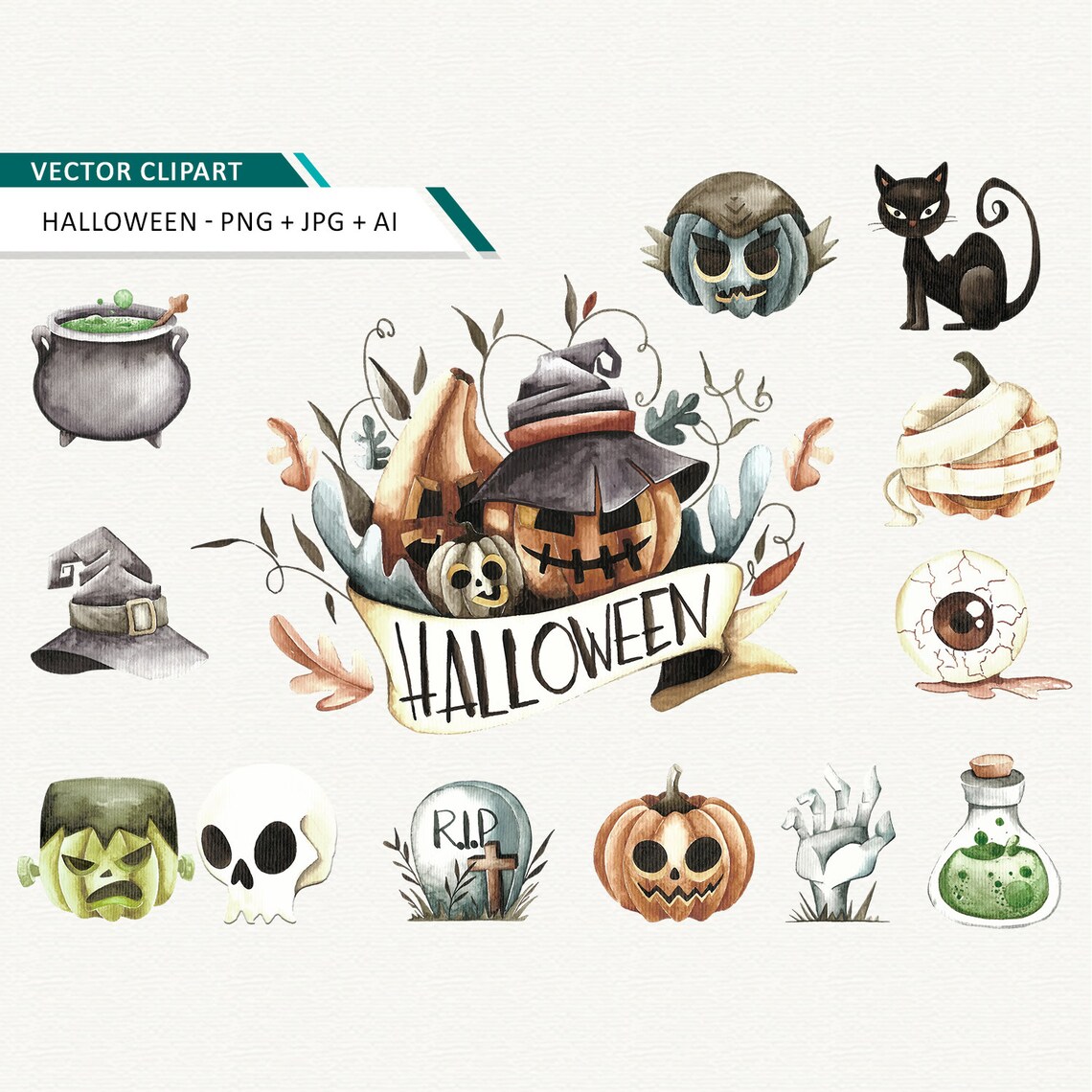 Watercolor Halloween Vector Clipart Happy Halloween Clip Art - Etsy