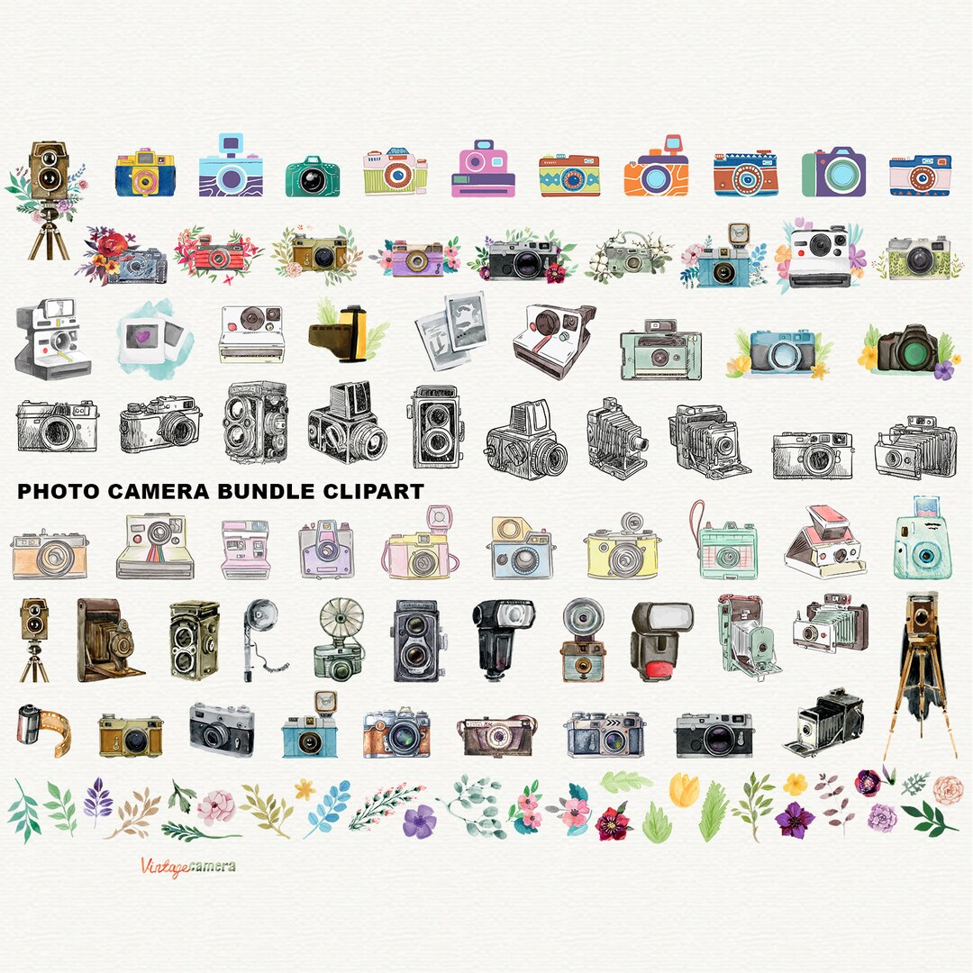 Watercolor Camera Clipart Bundle - Vintage Photo Camera Clip Art ...