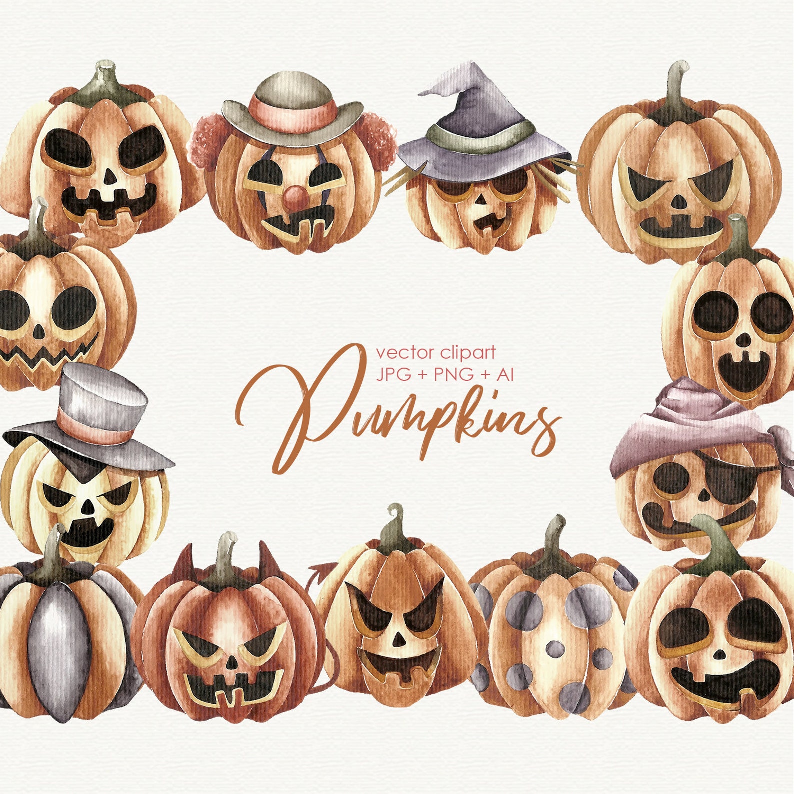 Watercolor Pumpkins Clipart Halloween Clip Art Spooky Pumpkin ...