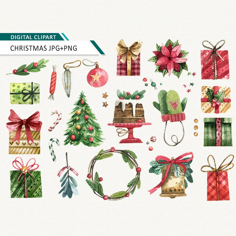 Watercolor Christmas Clipart Vector Holiday Clip Art Printable - Etsy