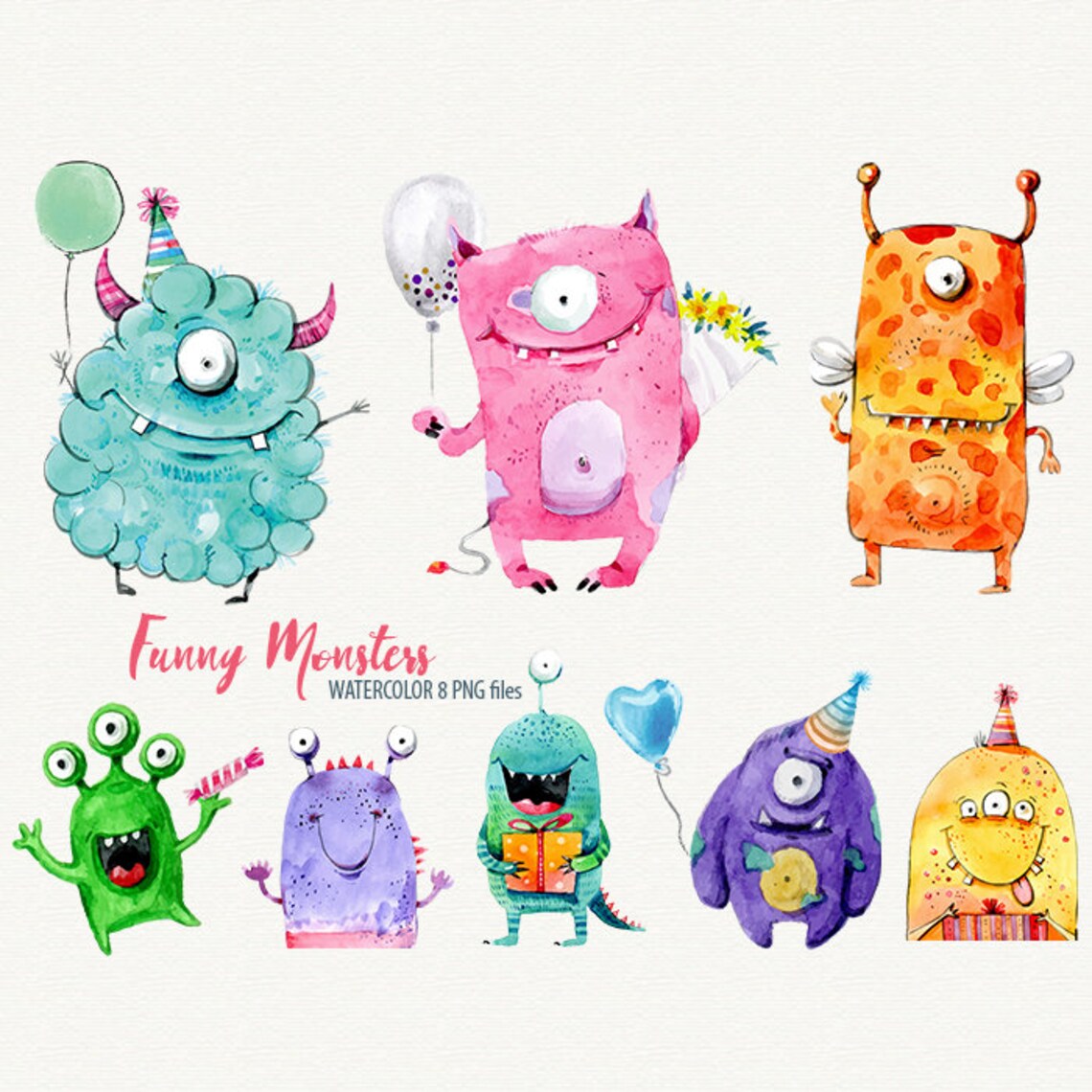 Monster clipart Watercolor monster Sweet monster funny monster | Etsy