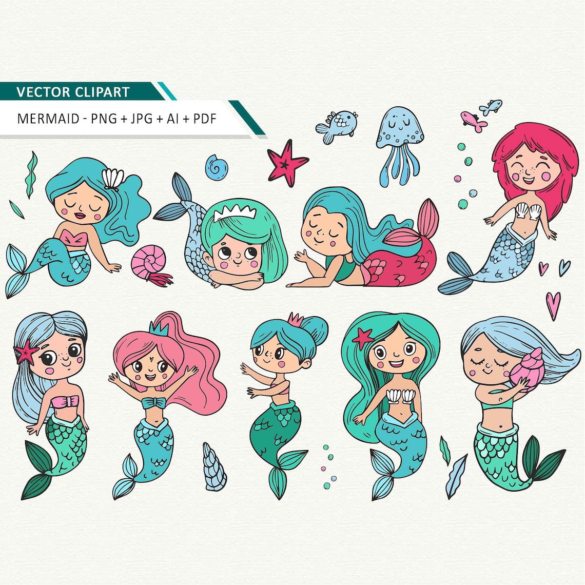 Mermaid Vector Clipart Girl Nautical Clip Art Mermaids - Etsy