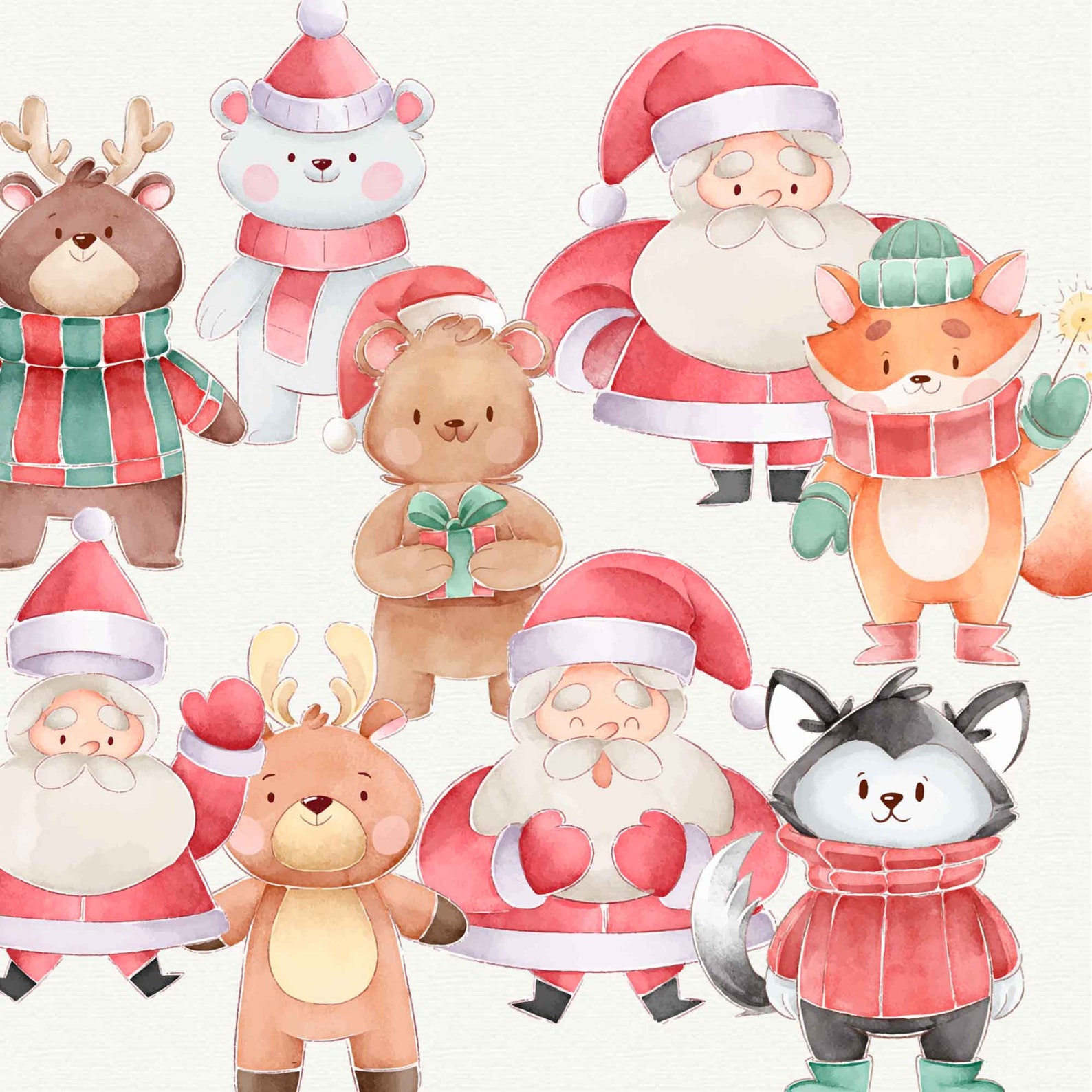 Christmas Clipart Santa and Friends Watercolor Winter Clip - Etsy