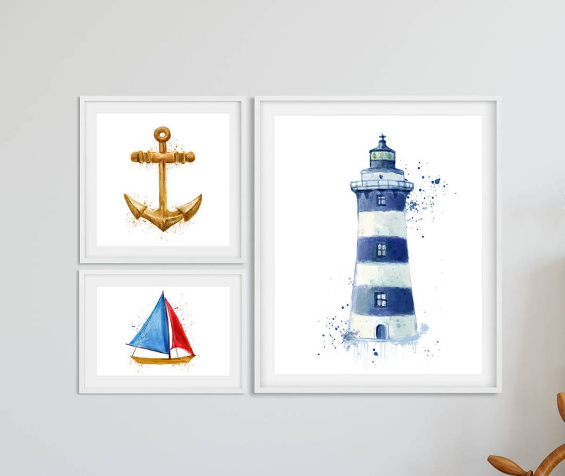 Watercolor Nautical Posters Wall Decor Marine Nursery Kids Print Anchor ...