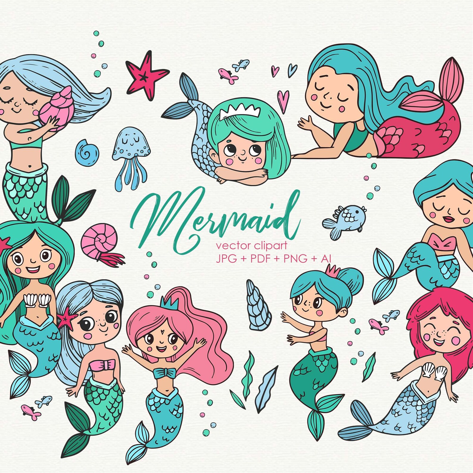 Mermaid Vector Clipart Girl Nautical Clip Art Mermaids | Etsy