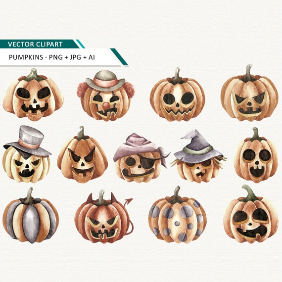 Watercolor Pumpkins Clipart Halloween Clip Art Spooky Pumpkin | Etsy