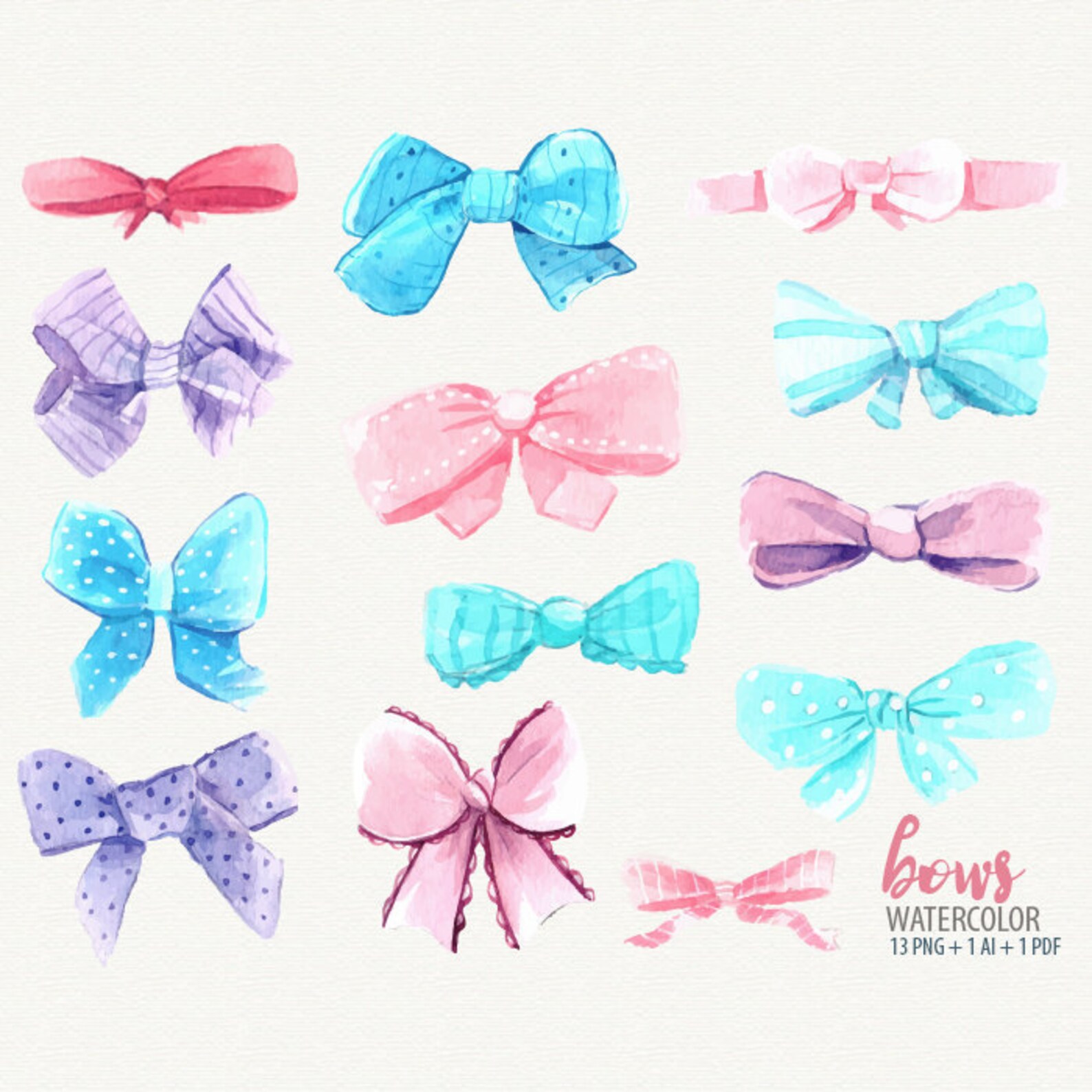 Watercolor bow bow clip art pink aqua bows watercolor clip | Etsy