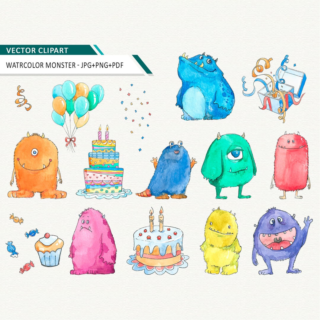 Monster Clipart Happy Birthday Watercolor Monsters Birthday Clipart ...