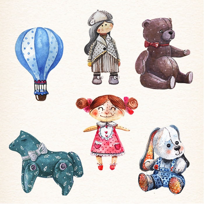 Watercolor kids toys clipart textile doll clip art sewing | Etsy