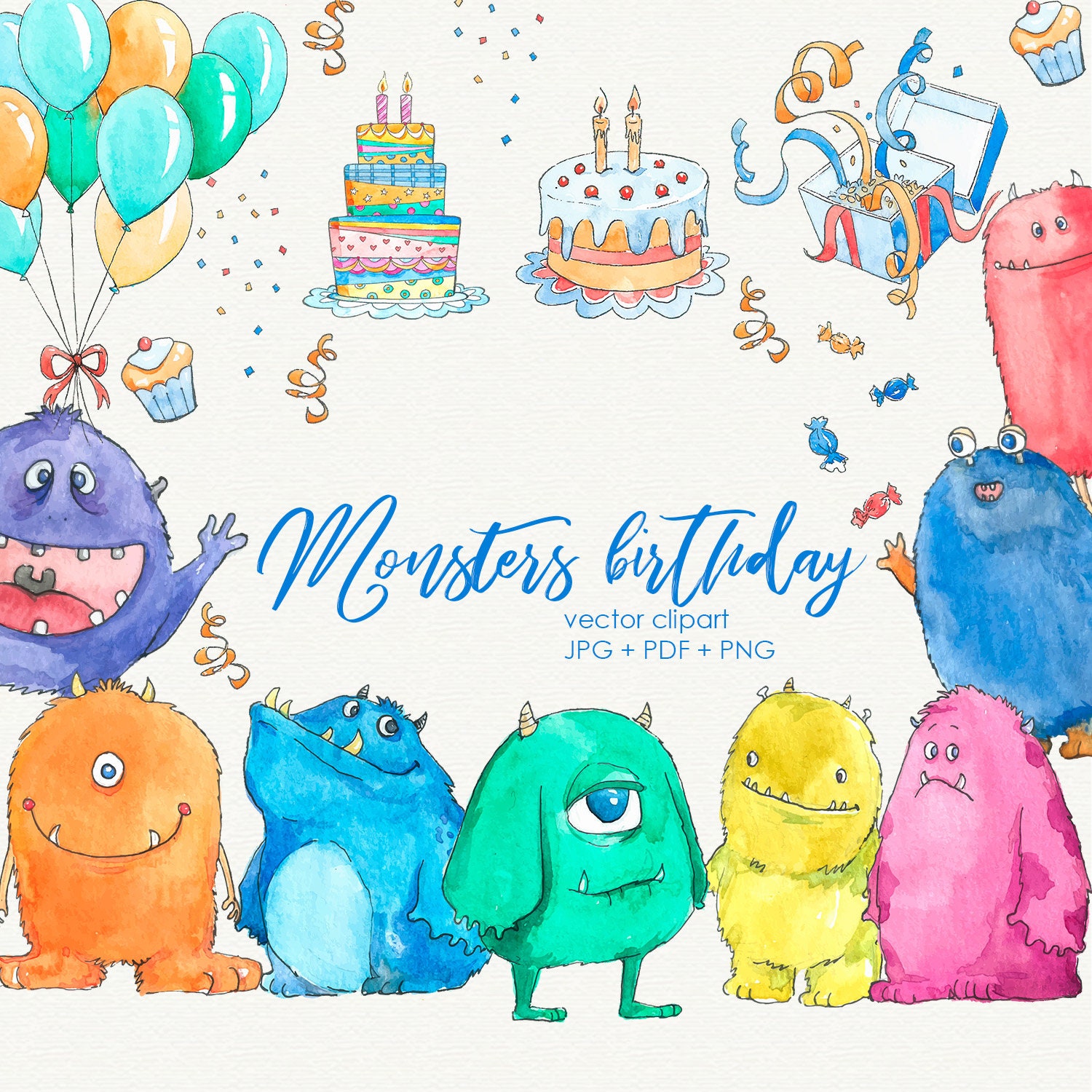 Monster Clipart Happy Birthday Watercolor Monsters Birthday - Etsy