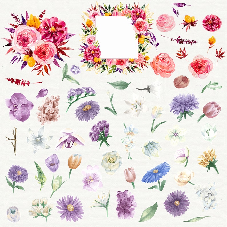 Floral clipart Watercolor flowers Clip art Bundle Instant | Etsy