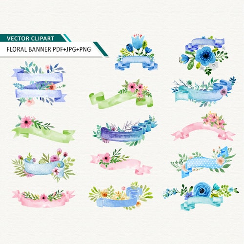 Watercolor Ribbon Banners Clipart - Etsy