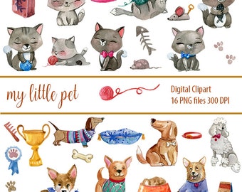 Pets Clipart Animals Clip Art Cats and Dogs Hand Drawn - Etsy